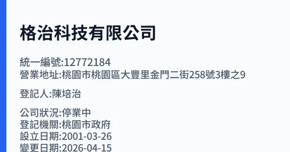 格治科技有限公司的照片-統編 12772184(桃園市) 公司登記資料與營業項目詳細圖表