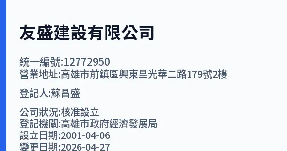 友盛建設有限公司的照片-統編 12772950(高雄市) 公司登記資料與營業項目詳細圖表