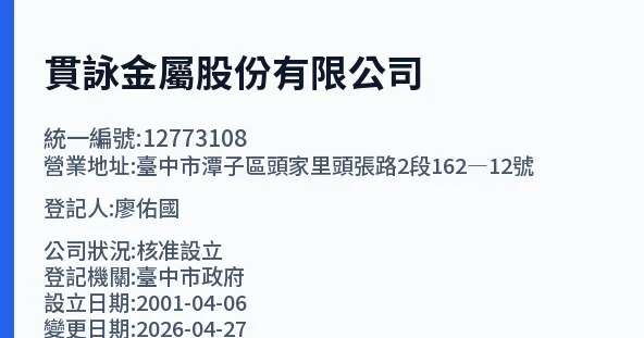 貫詠金屬股份有限公司的照片-統編 12773108(臺中市) 公司登記資料與營業項目詳細圖表