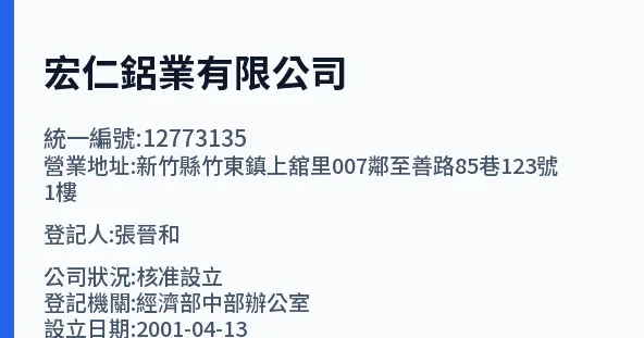 宏仁鋁業有限公司的照片-統編 12773135(新竹縣) 公司登記資料與營業項目詳細圖表