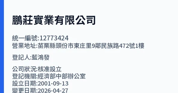 鵬莊實業有限公司的照片-統編 12773424(苗栗縣) 公司登記資料與營業項目詳細圖表