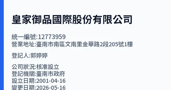 皇家御品國際股份有限公司的照片-統編 12773959(臺南市) 公司登記資料與營業項目詳細圖表