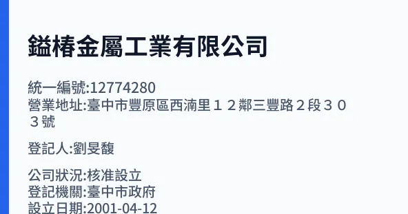 鎰椿金屬工業有限公司的照片-統編 12774280(臺中市) 公司登記資料與營業項目詳細圖表