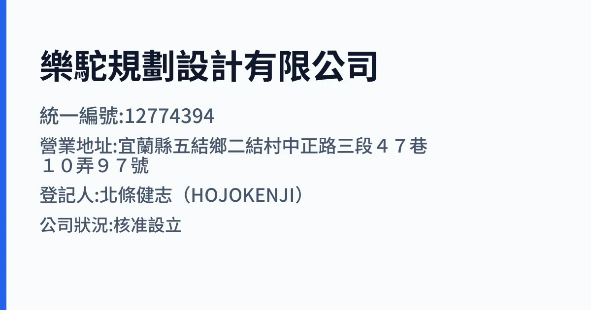 樂駝規劃設計有限公司 - 統編 12774394(宜蘭縣) 公司登記資料與營業項目詳細圖表