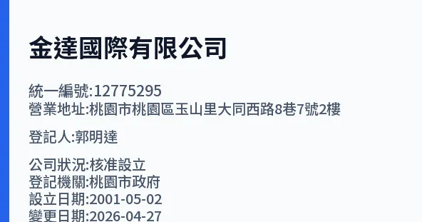 金達國際有限公司的照片-統編 12775295(桃園市) 公司登記資料與營業項目詳細圖表