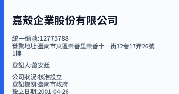 嘉殼企業股份有限公司的照片-統編 12775788(臺南市) 公司登記資料與營業項目詳細圖表