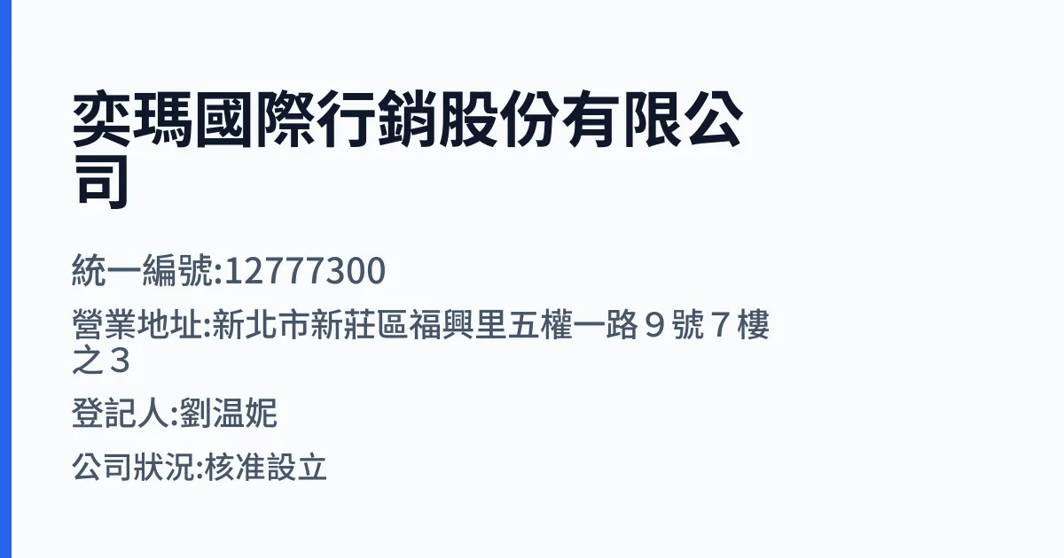 奕瑪國際行銷股份有限公司 - 統編 12777300(新北市) 公司登記資料與營業項目詳細圖表