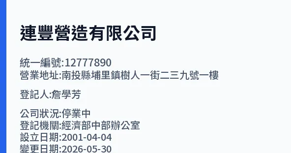連豐營造有限公司的照片-統編 12777890(南投縣) 公司登記資料與營業項目詳細圖表