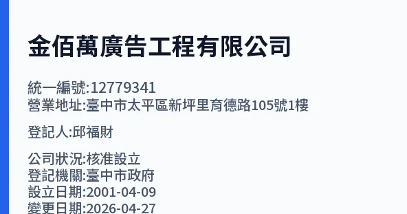金佰萬廣告工程有限公司的照片-統編 12779341(臺中市) 公司登記資料與營業項目詳細圖表