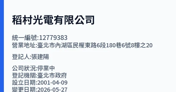 稻村光電有限公司的照片-統編 12779383(臺北市) 公司登記資料與營業項目詳細圖表