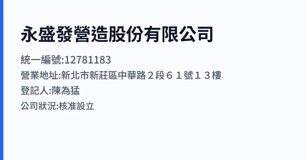 永盛發營造股份有限公司 - 統編 12781183(新北市) 公司登記資料與營業項目詳細圖表