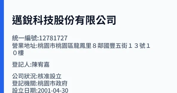 邁銳科技股份有限公司的照片-統編 12781727(桃園市) 公司登記資料與營業項目詳細圖表