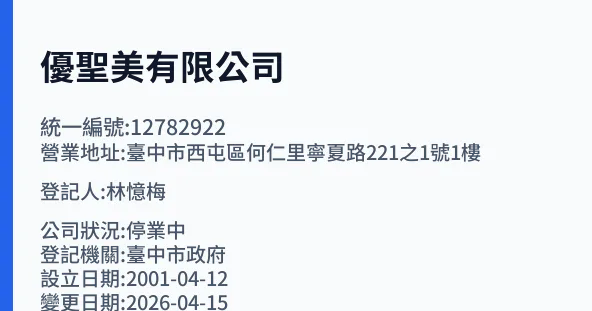 優聖美有限公司的照片-統編 12782922(臺中市) 公司登記資料與營業項目詳細圖表