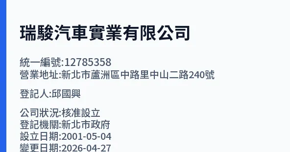瑞駿汽車實業有限公司的照片-統編 12785358(新北市) 公司登記資料與營業項目詳細圖表