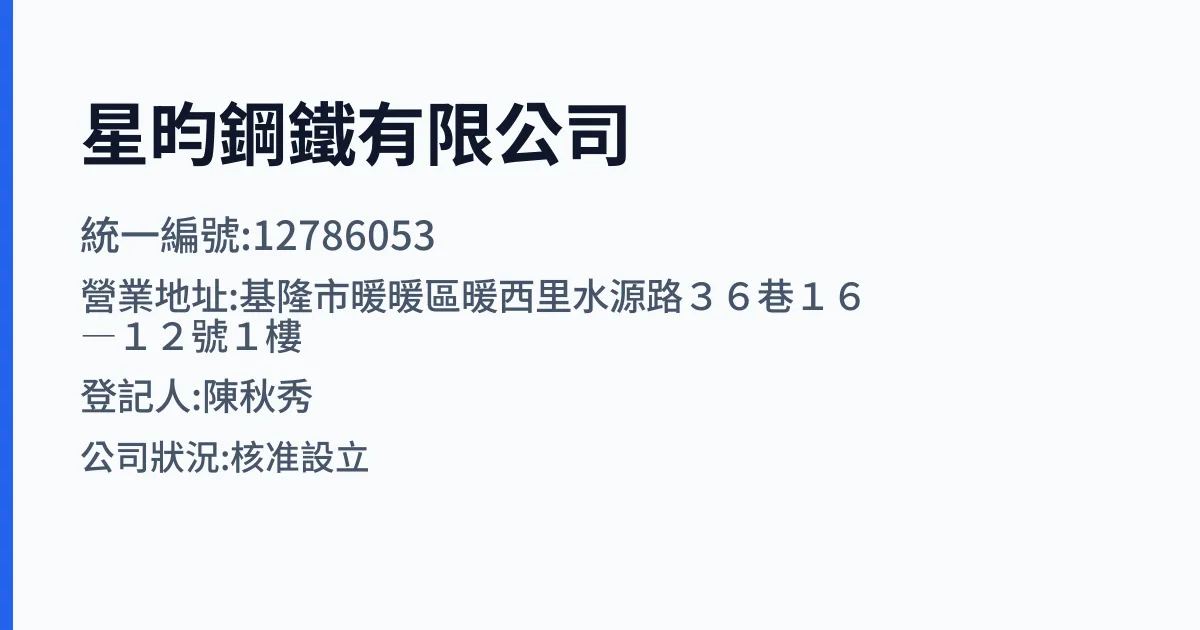 星昀鋼鐵有限公司 - 統編 12786053(基隆市) 公司登記資料與營業項目詳細圖表