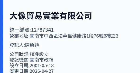 大像貿易實業有限公司的照片-統編 12787341(臺南市) 公司登記資料與營業項目詳細圖表
