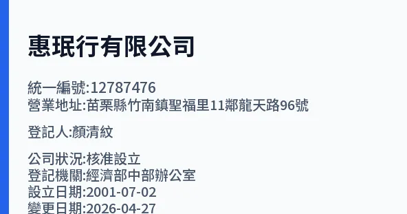 惠珉行有限公司的照片-統編 12787476(苗栗縣) 公司登記資料與營業項目詳細圖表
