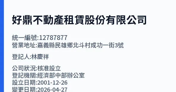 好鼎不動產租賃股份有限公司的照片-統編 12787877(嘉義縣) 公司登記資料與營業項目詳細圖表
