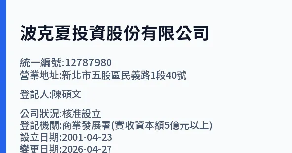 波克夏投資股份有限公司的照片-統編 12787980(新北市) 公司登記資料與營業項目詳細圖表