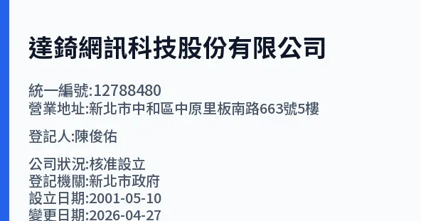 達錡網訊科技股份有限公司的照片-統編 12788480(新北市) 公司登記資料與營業項目詳細圖表