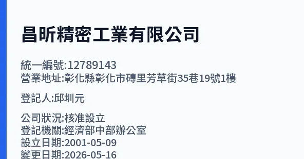 昌昕精密工業有限公司的照片-統編 12789143(彰化縣) 公司登記資料與營業項目詳細圖表