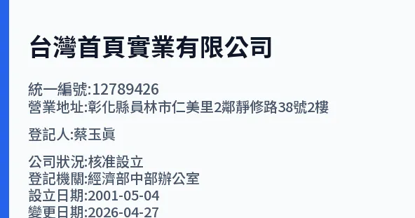 台灣首頁實業有限公司的照片-統編 12789426(彰化縣) 公司登記資料與營業項目詳細圖表