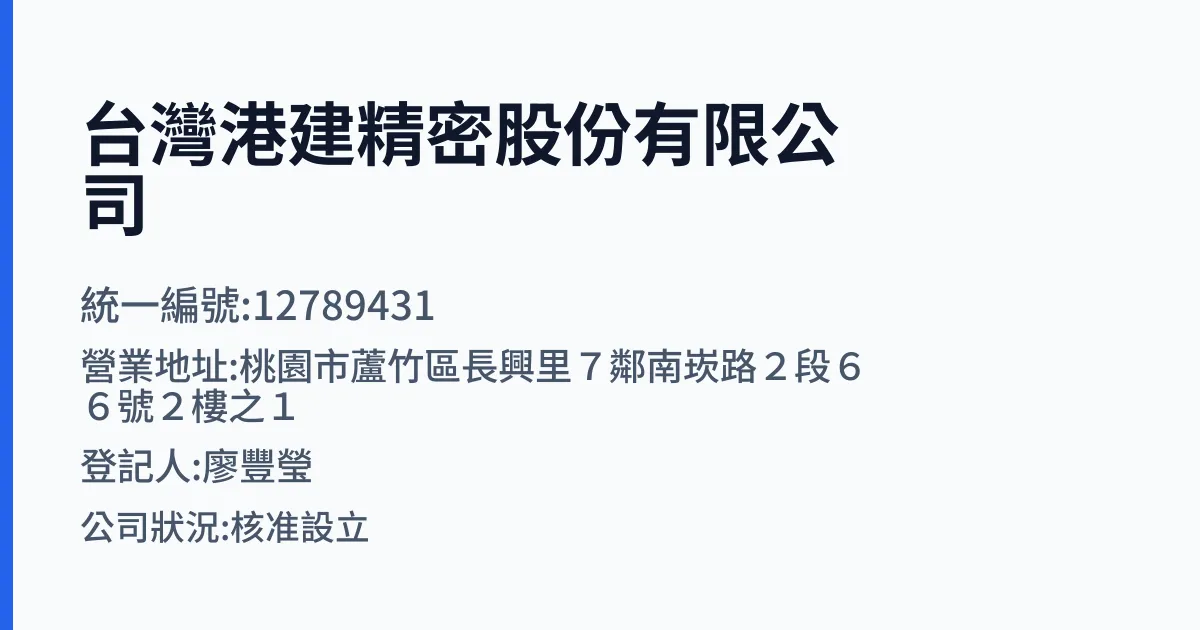 台灣港建精密股份有限公司 - 統編 12789431(桃園市) 公司登記資料與營業項目詳細圖表