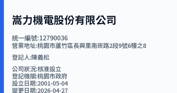嵩力機電股份有限公司的照片-統編 12790036(桃園市) 公司登記資料與營業項目詳細圖表