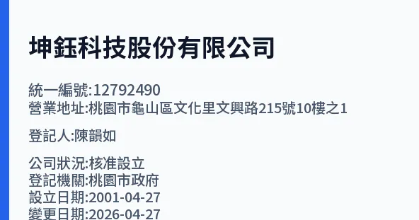 坤鈺科技股份有限公司的照片-統編 12792490(桃園市) 公司登記資料與營業項目詳細圖表