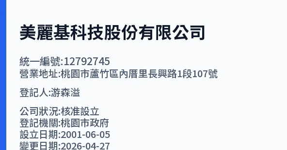美麗基科技股份有限公司的照片-統編 12792745(桃園市) 公司登記資料與營業項目詳細圖表