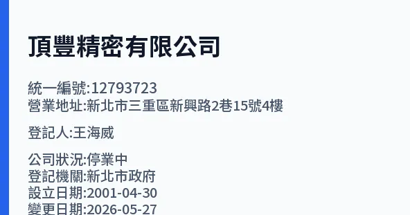 頂豐精密有限公司的照片-統編 12793723(新北市) 公司登記資料與營業項目詳細圖表