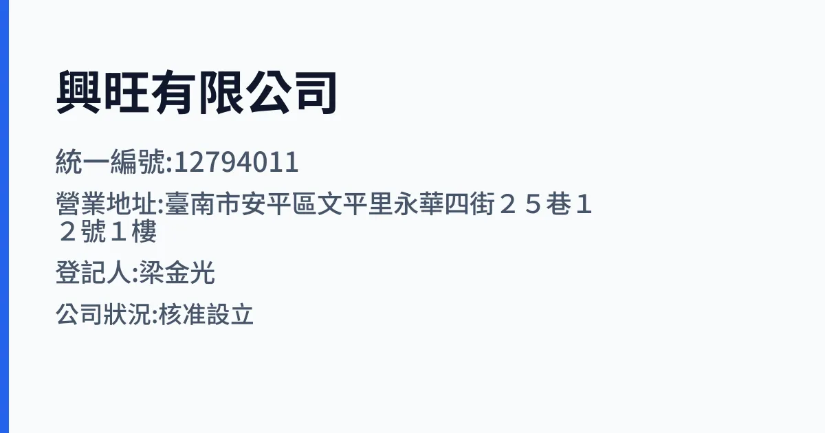 興旺有限公司 - 統編 12794011(臺南市) 公司登記資料與營業項目詳細圖表