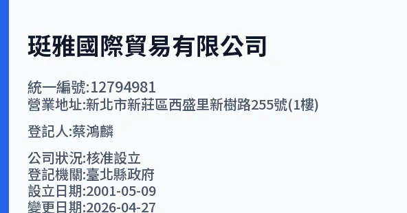 珽雅國際貿易有限公司的照片-統編 12794981(新北市) 公司登記資料與營業項目詳細圖表