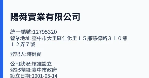 陽舜實業有限公司的照片-統編 12795320(臺中市) 公司登記資料與營業項目詳細圖表