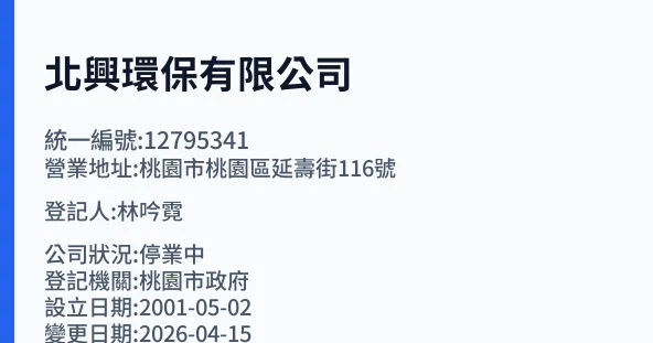 北興環保有限公司的照片-統編 12795341(桃園市) 公司登記資料與營業項目詳細圖表