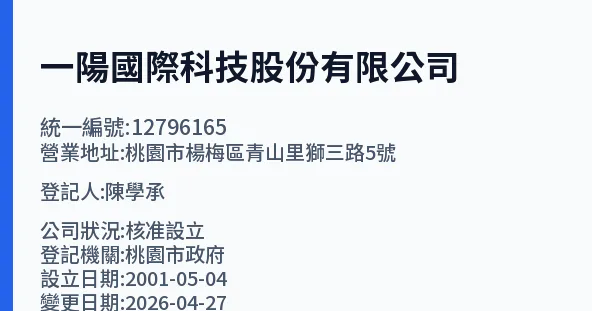 一陽國際科技股份有限公司的照片-統編 12796165(桃園市) 公司登記資料與營業項目詳細圖表