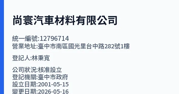 尚寰汽車材料有限公司的照片-統編 12796714(臺中市) 公司登記資料與營業項目詳細圖表