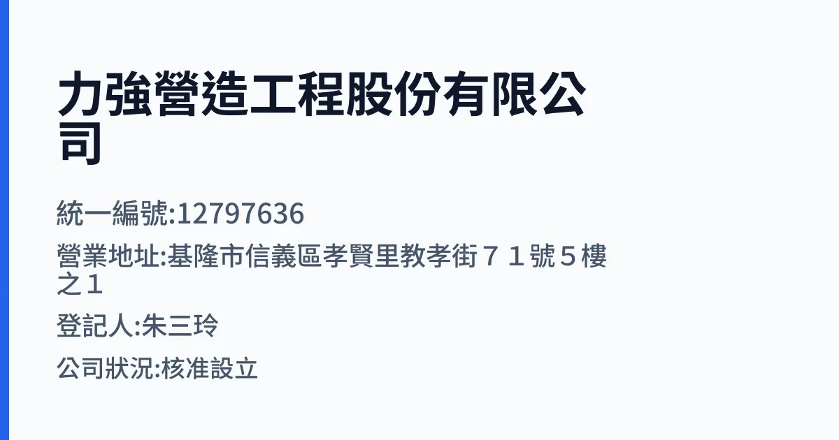 力強營造工程股份有限公司 - 統編 12797636(基隆市) 公司登記資料與營業項目詳細圖表