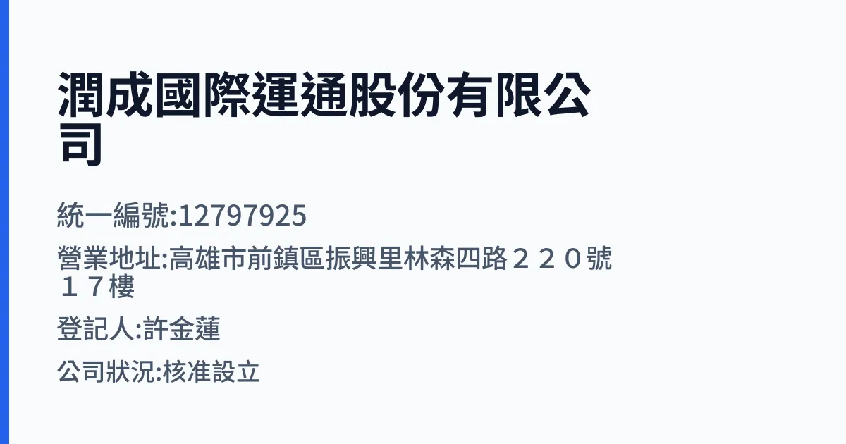 潤成國際運通股份有限公司 - 統編 12797925(新北市) 公司登記資料與營業項目詳細圖表