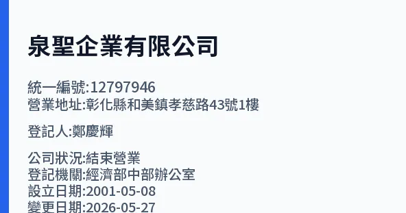 泉聖企業有限公司的照片-統編 12797946(彰化縣) 公司登記資料與營業項目詳細圖表