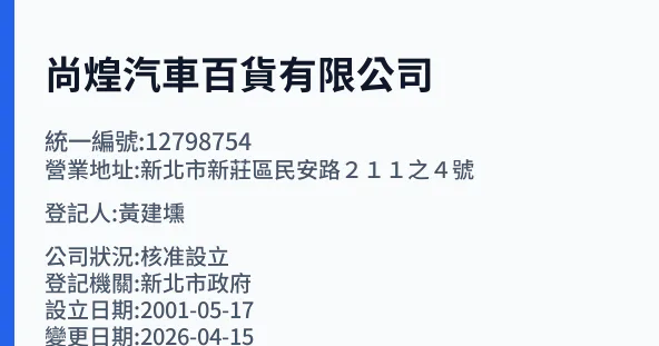 尚煌汽車百貨有限公司的照片-統編 12798754(新北市) 公司登記資料與營業項目詳細圖表