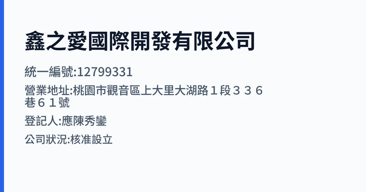 鑫之愛國際開發有限公司 - 統編 12799331(桃園市) 公司登記資料與營業項目詳細圖表