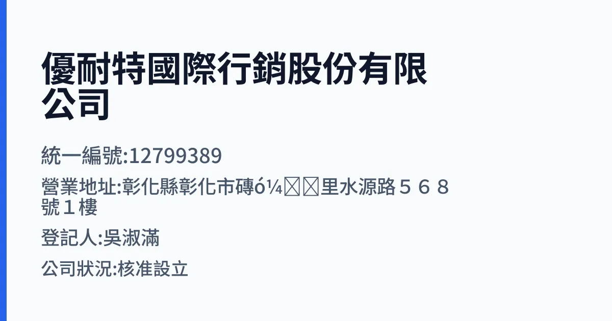 優耐特國際行銷股份有限公司 - 統編 12799389(彰化縣) 公司登記資料與營業項目詳細圖表