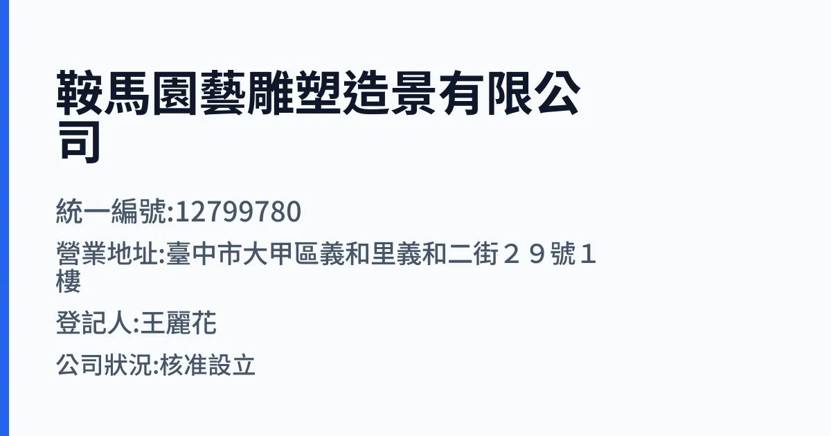 鞍馬園藝雕塑造景有限公司 - 統編 12799780(臺中市) 公司登記資料與營業項目詳細圖表