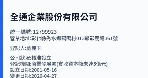 全通企業股份有限公司的照片-統編 12799923(彰化縣) 公司登記資料與營業項目詳細圖表