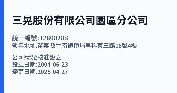 三晃股份有限公司園區分公司的照片-統編 12800288(苗栗縣) 公司登記資料與營業項目詳細圖表