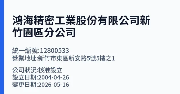 鴻海精密工業股份有限公司新竹園區分公司的照片-統編 12800533(新竹市) 公司登記資料與營業項目詳細圖表