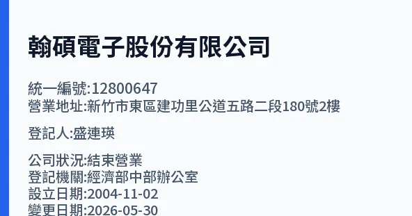 翰碩電子股份有限公司的照片-統編 12800647(新竹市) 公司登記資料與營業項目詳細圖表