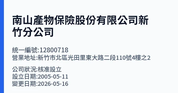 南山產物保險股份有限公司新竹分公司的照片-統編 12800718(新竹市) 公司登記資料與營業項目詳細圖表