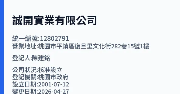 誠開實業有限公司的照片-統編 12802791(桃園市) 公司登記資料與營業項目詳細圖表
